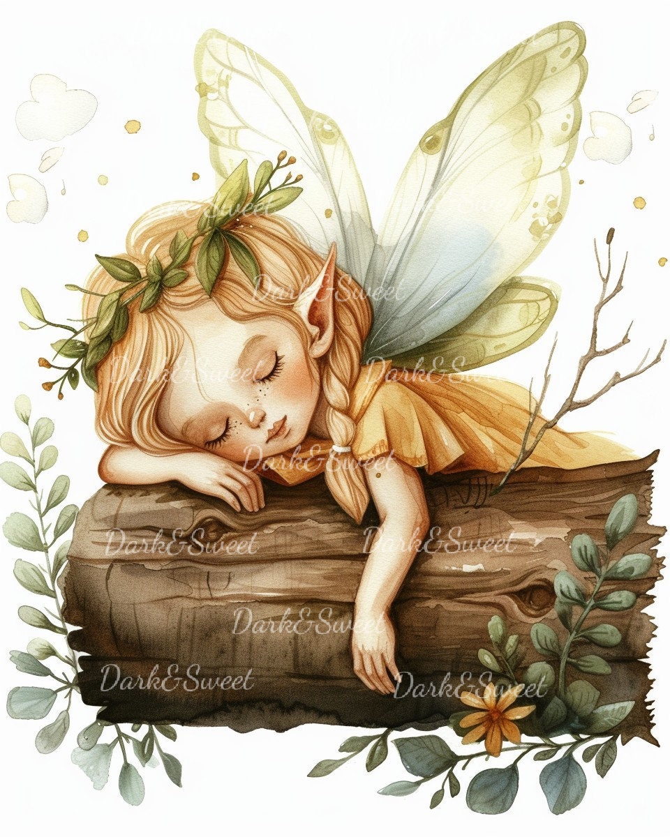 10 Watercolor Sleeping Fairy on A Tree Branch Part 1 Clip Art- High ...