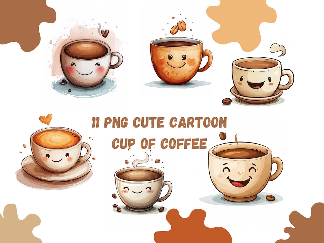 11 Cute Cartoon Cup of Coffee Clip Art- High Quality PNG/ Digital Print ...