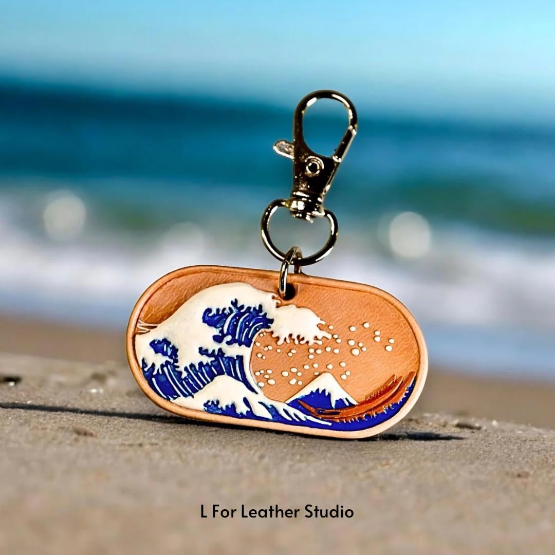 The Great Wave off Kanagawa Keychain - Hand Painted Leather Keychain ...