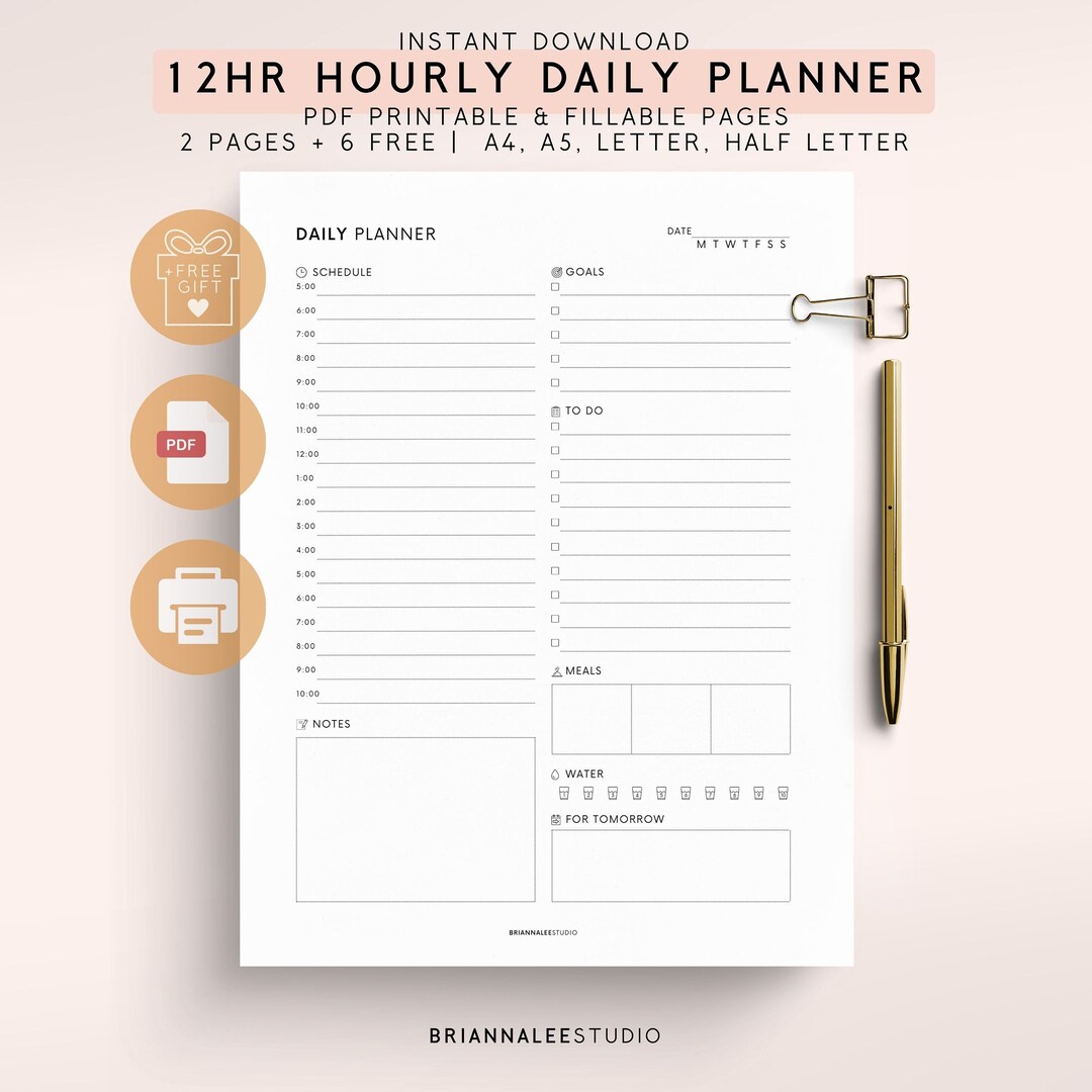 Hourly Daily Printable Planner, Digital Download 2023 Undated ...