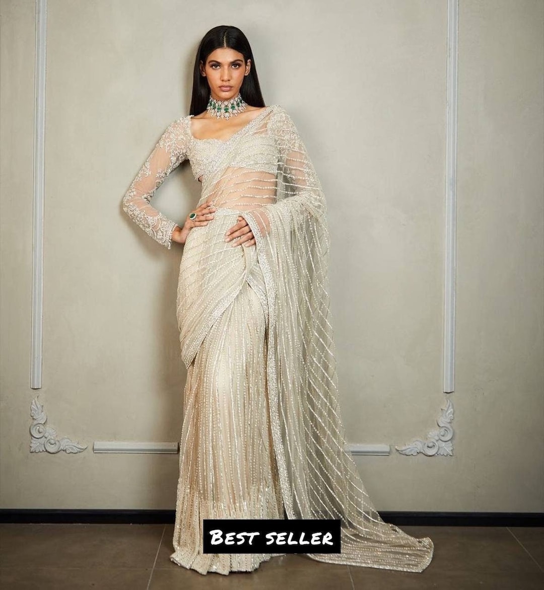 White Net Saree With White Embroidery and Sequine All Over Saree South ...