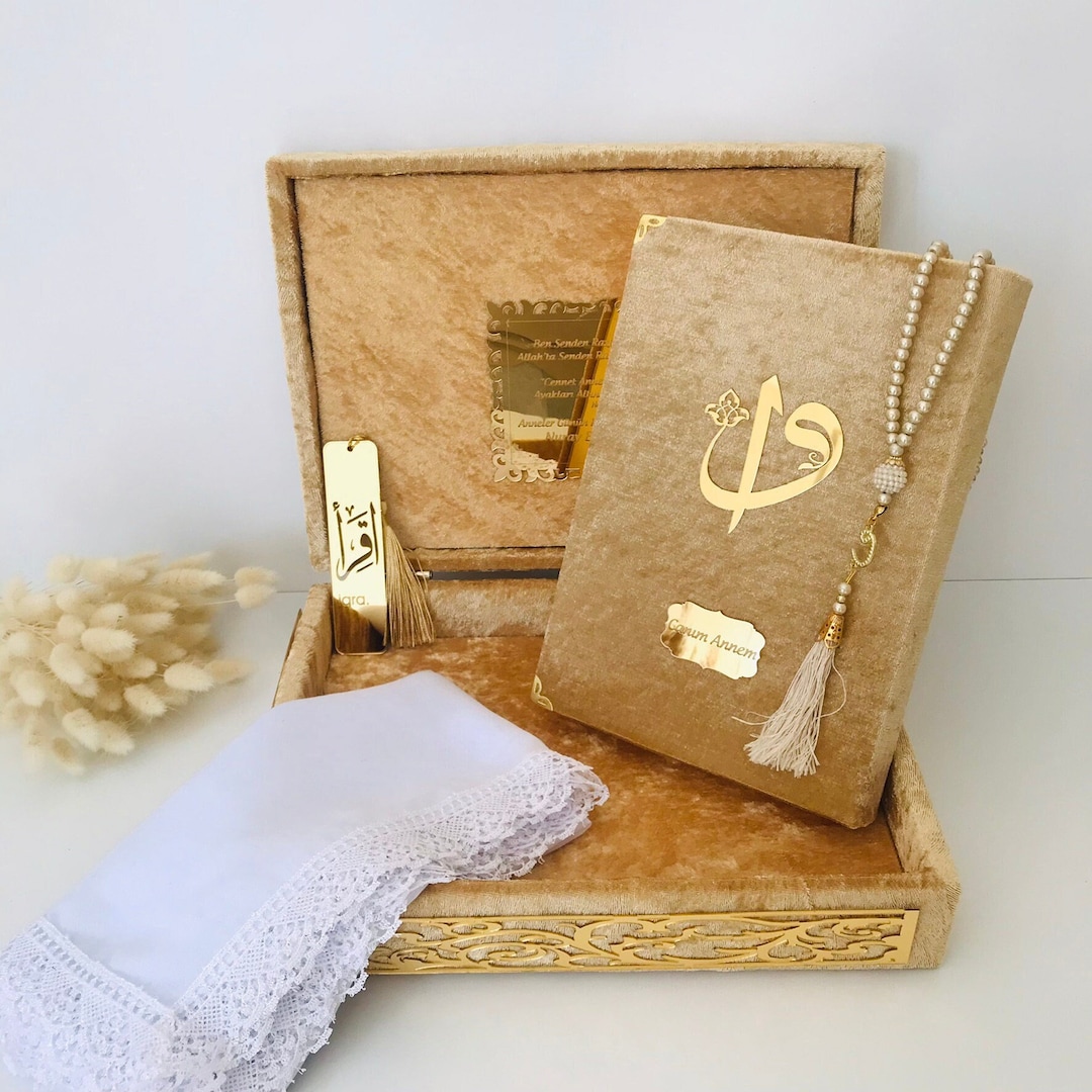 Gold Velvet Quran Islamic Gift Set Personalized Pink Velvet Quran Box ...