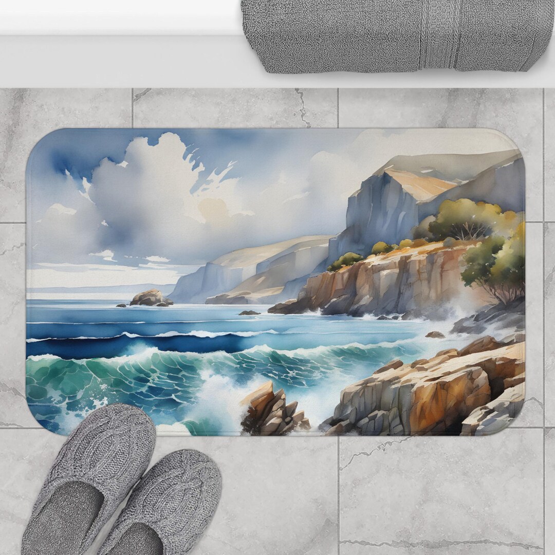 Coastal Seascape Luxury Bath Mat, Custom Ocean Memory Foam Rug, Unique ...