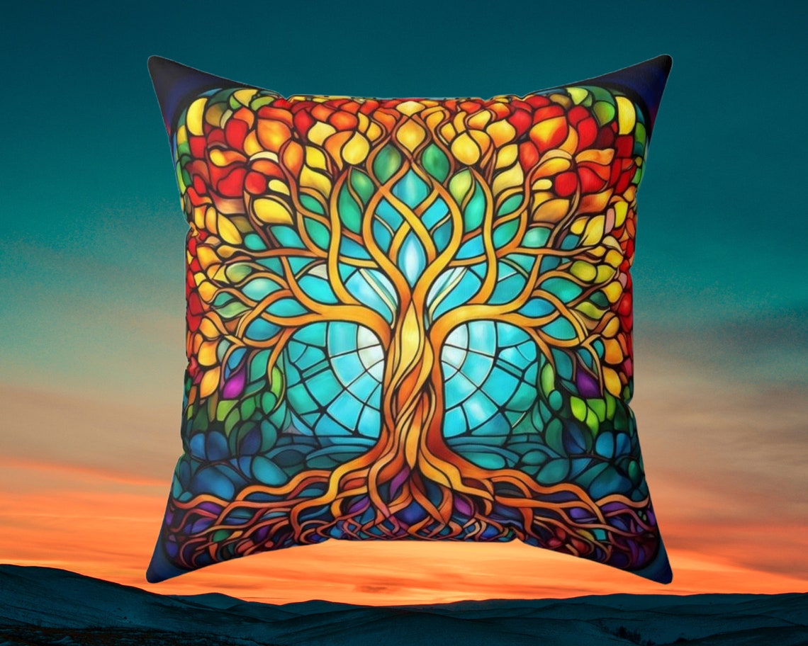Stained Glass Tree of Life Throw Pillow, Cozy Cushion, Stained Glass ...