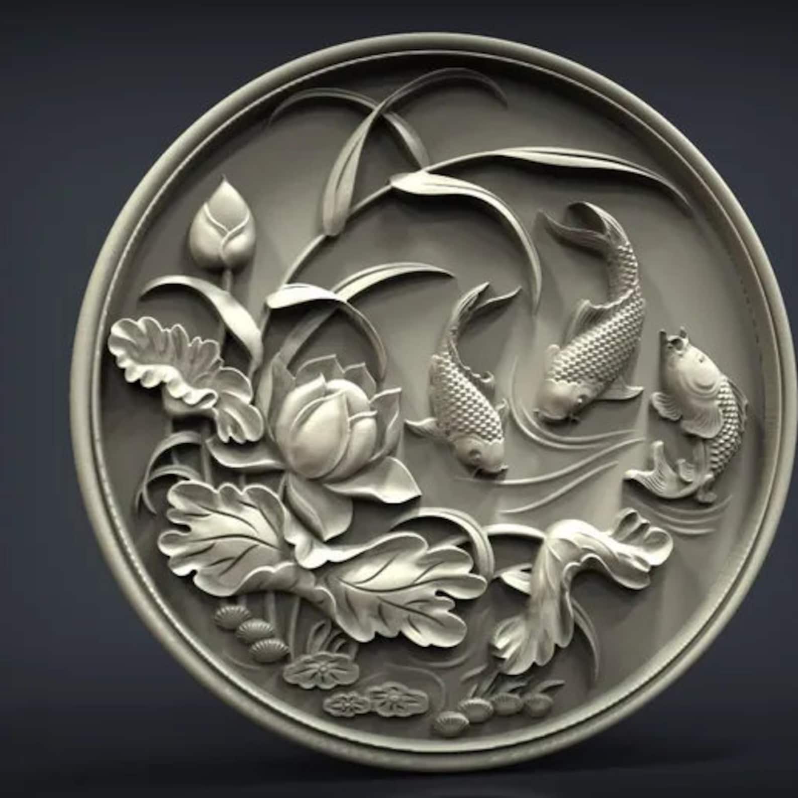 Fish and Lotus, 3D STL Model, CNC Router Engraver, Artcam, Aspire, CNC ...