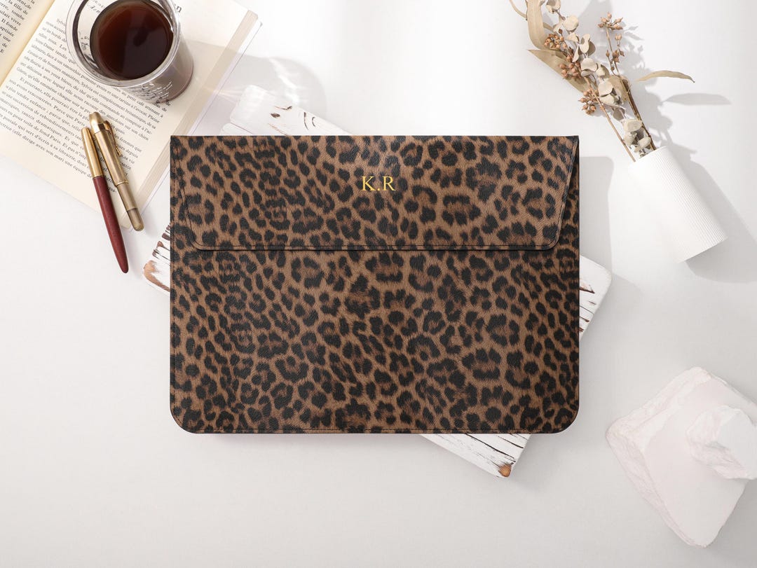 Personalized Brown Leopard Print Leather Laptop Sleeve, Leather Laptop ...