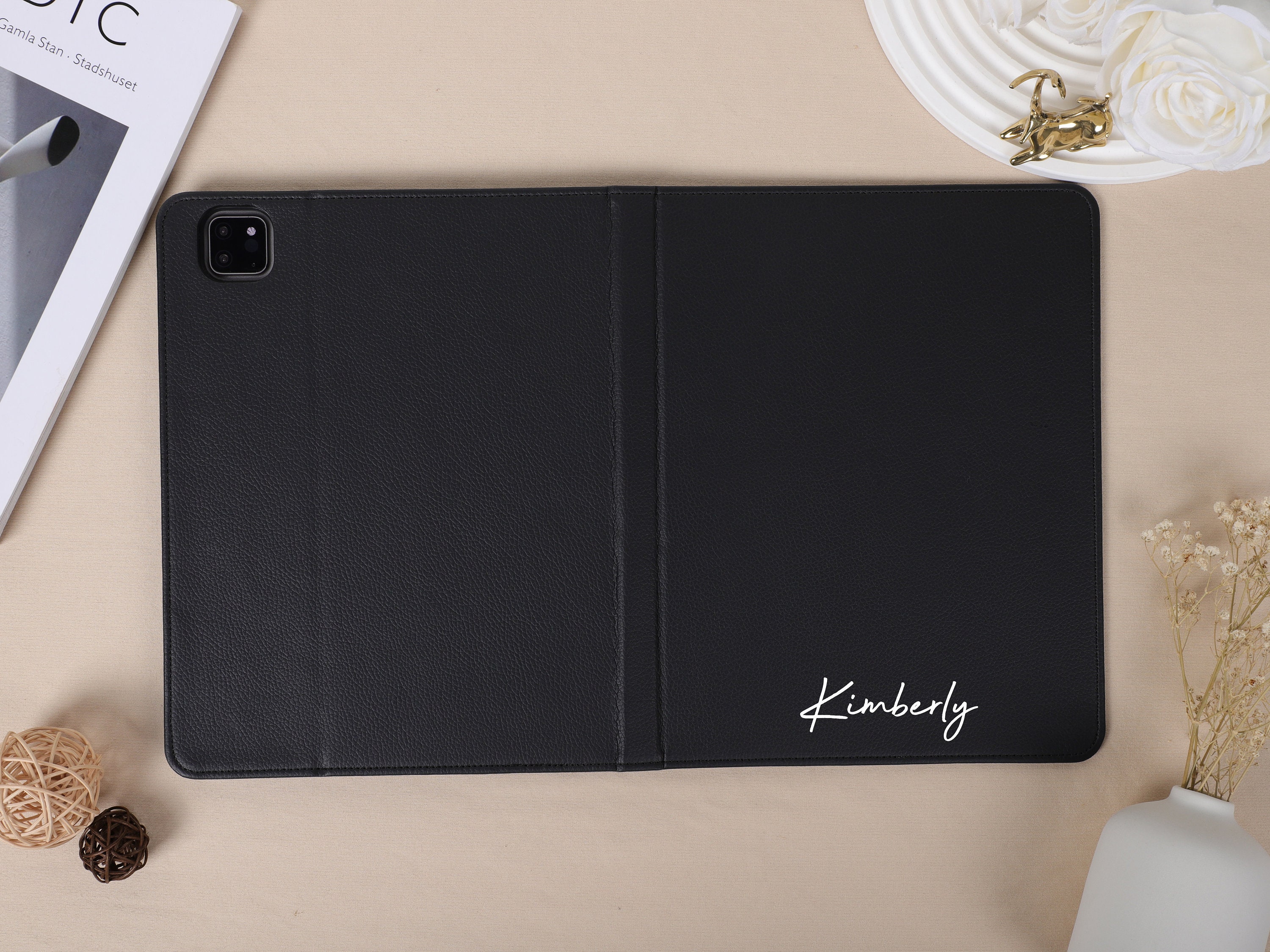 Obsidian Black Leather Personalized iPad Case With Pen Holder for iPad ...