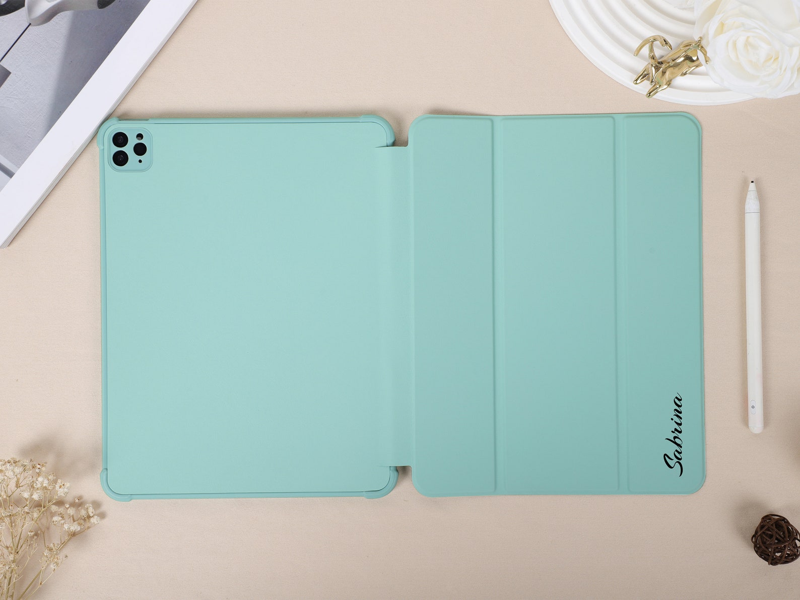 Mint Green Personalized iPad Case With Pencil Holder for iPad Air 4/5 ...