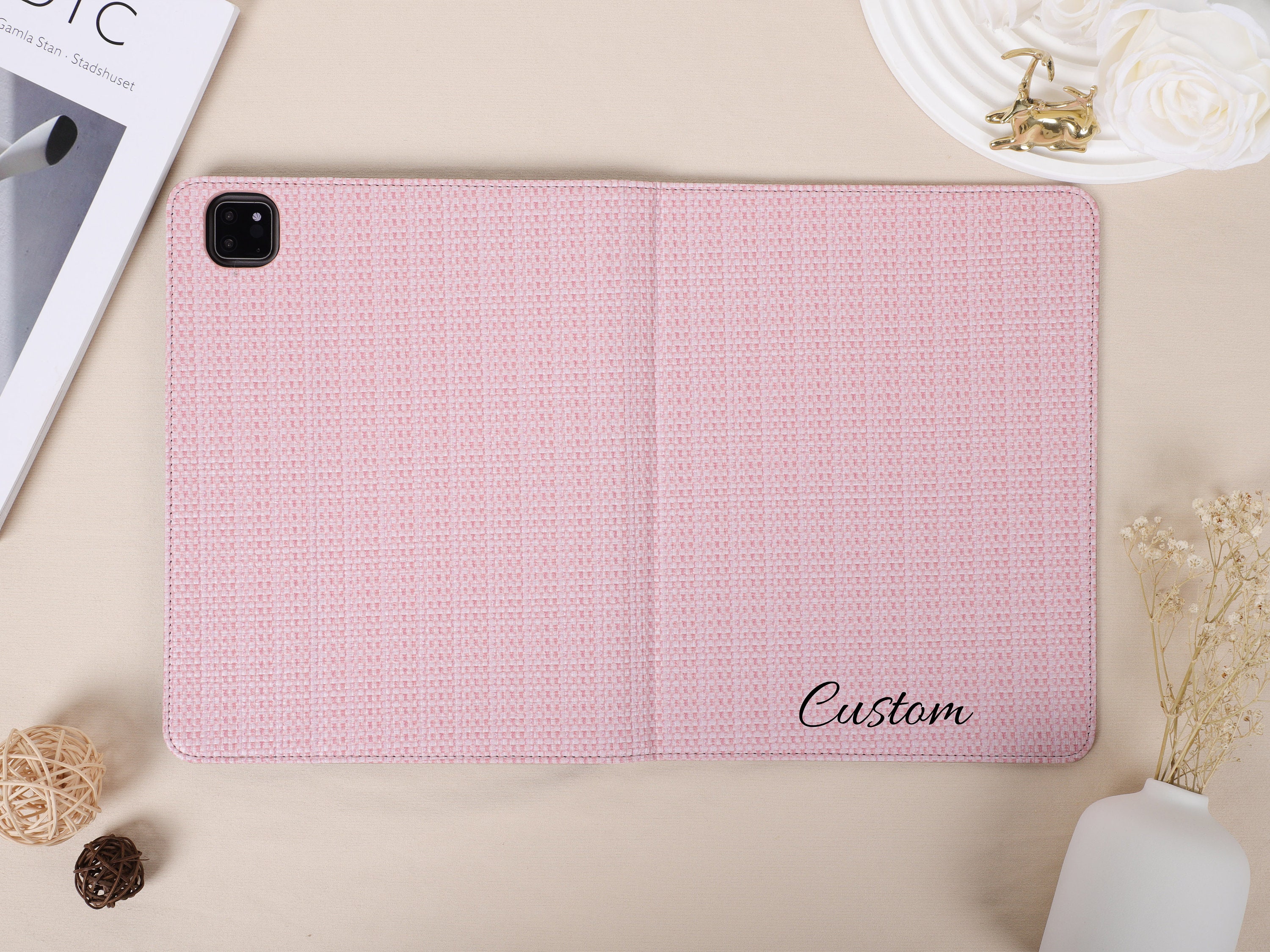 Milk Pink Weave Personalized iPad Case With Pen Holder for iPad Air4/5 ...