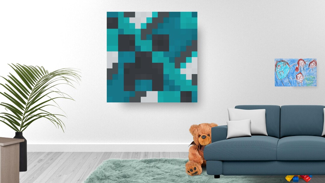 Cyan Glazed Terracota Textured Wallpaper Sticker or Framed Canvas, Minecraft Inspired High ...