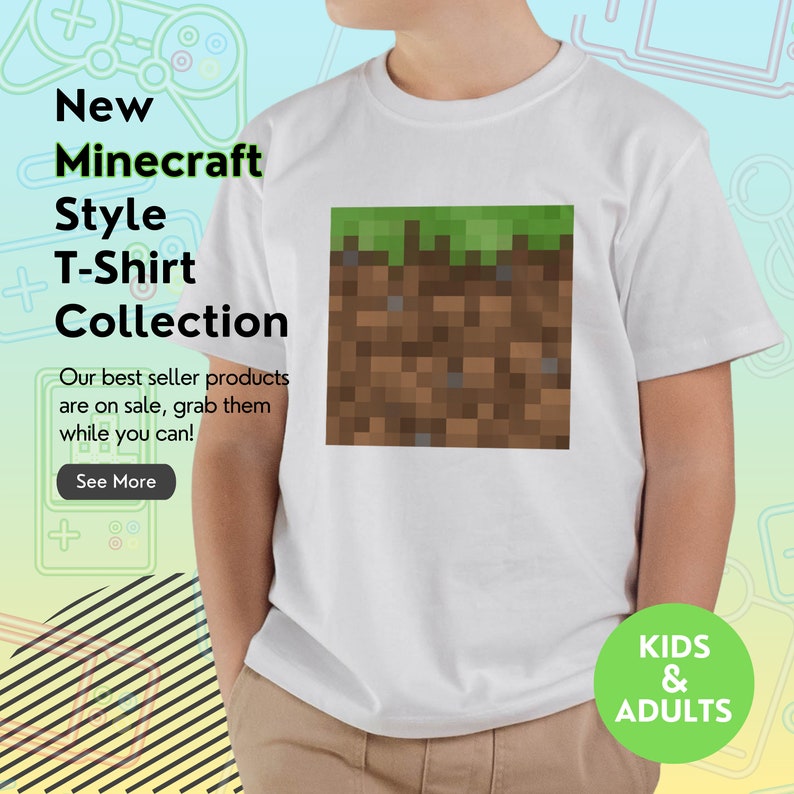 Minecraft Grass Block Style T-shirt White Cotton Child to Adult Sizes ...