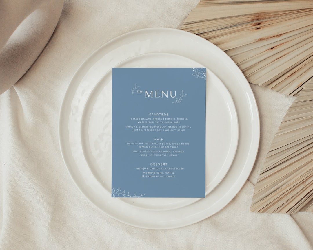 Menu for Wedding Light Blue, Dusty Blue Wedding Dinner Menu Editable ...