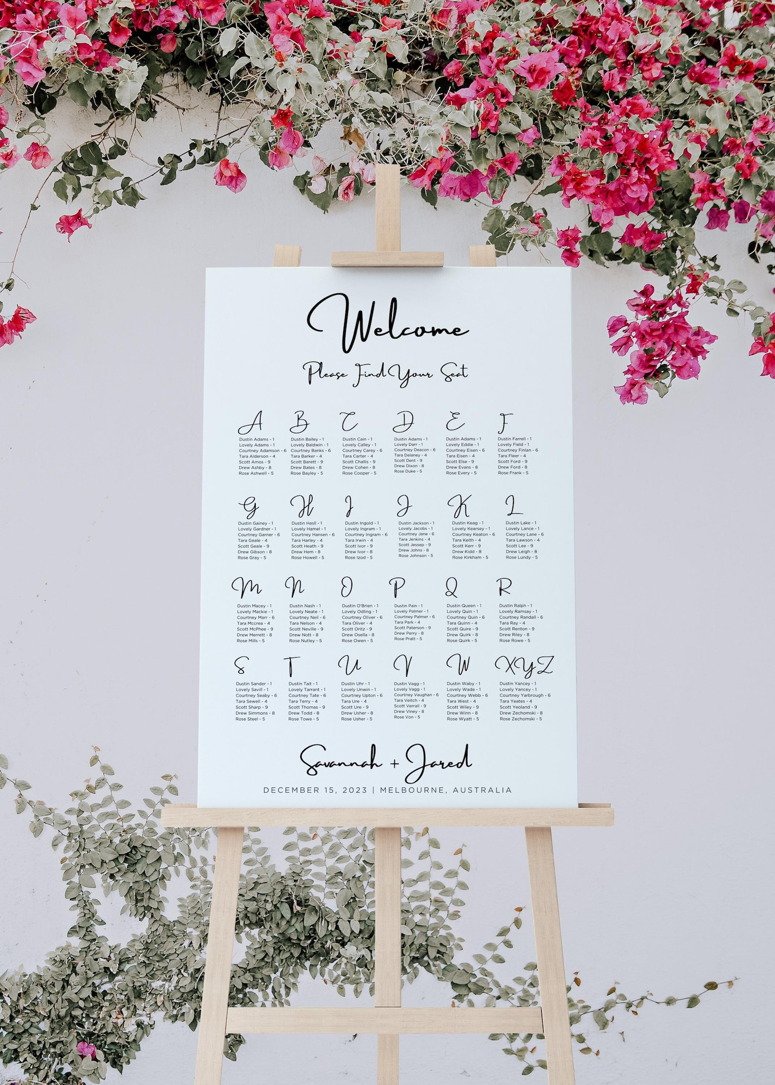 Alphabetical Seating Chart Template, Handwritten Wedding Table Plan ...