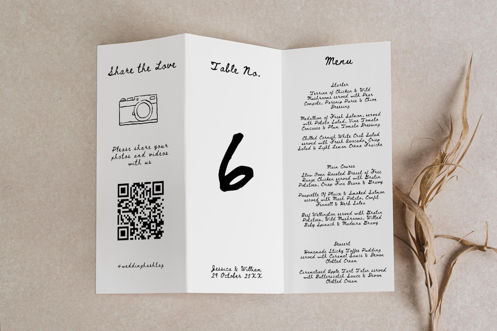 Handwritten Trifold Wedding Table Numbers, Trifold Wedding Menu ...