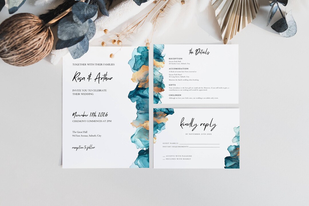 Teal and Rust Wedding Invitation Suite Template, Watercolour Wedding ...