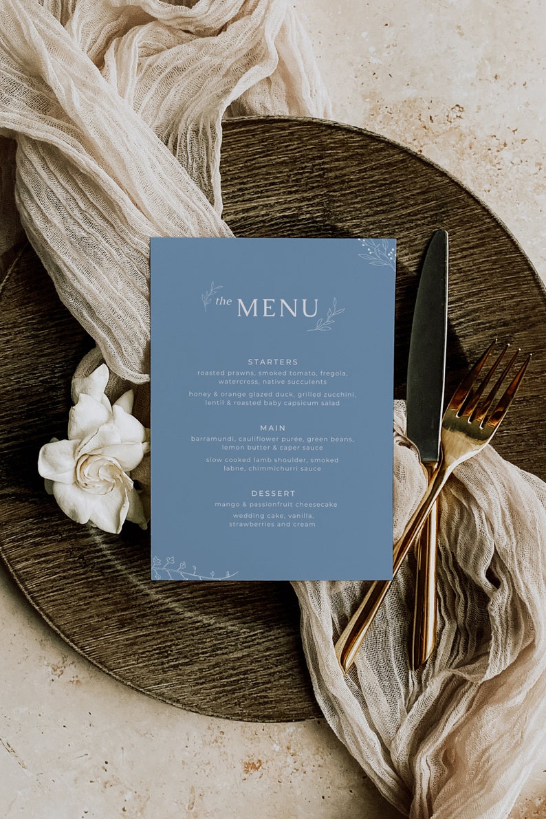 Menu for Wedding Light Blue, Dusty Blue Wedding Dinner Menu Editable ...