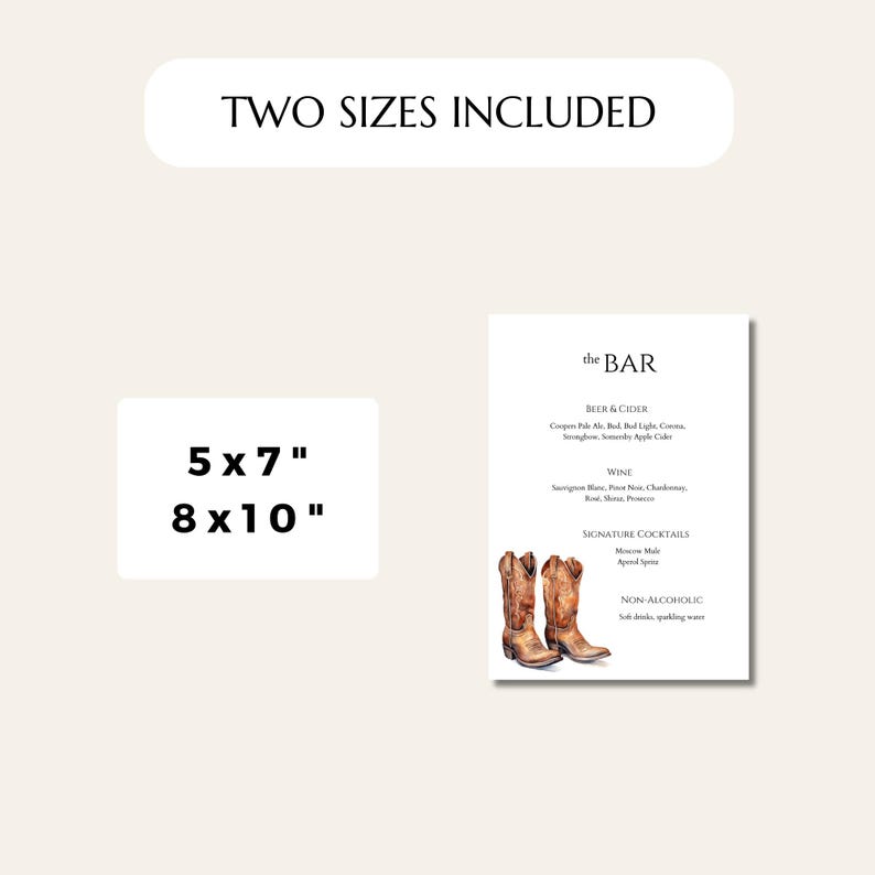 Cowboy Boot Wedding Drinks Menu Printable, Country Western Desert Bar ...