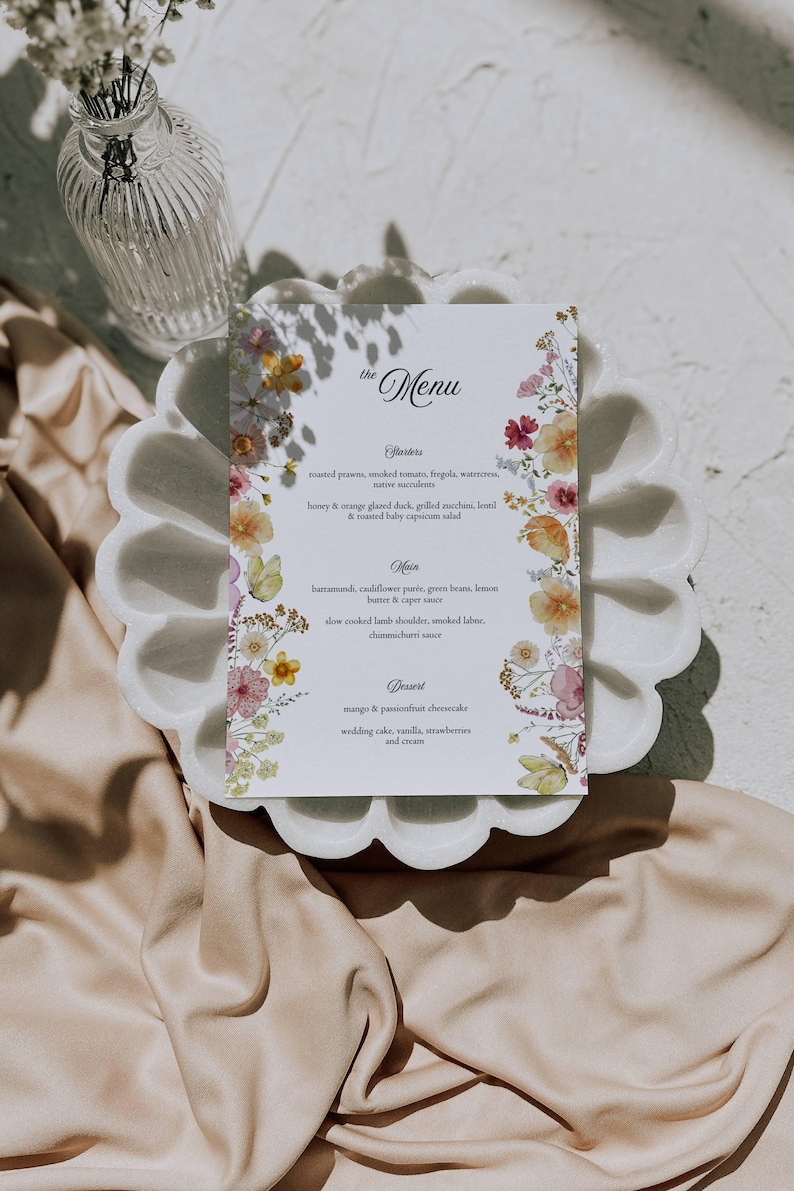 Pressed Flower Wedding Menu, Dried Wildflower Dinner Menu Printable ...