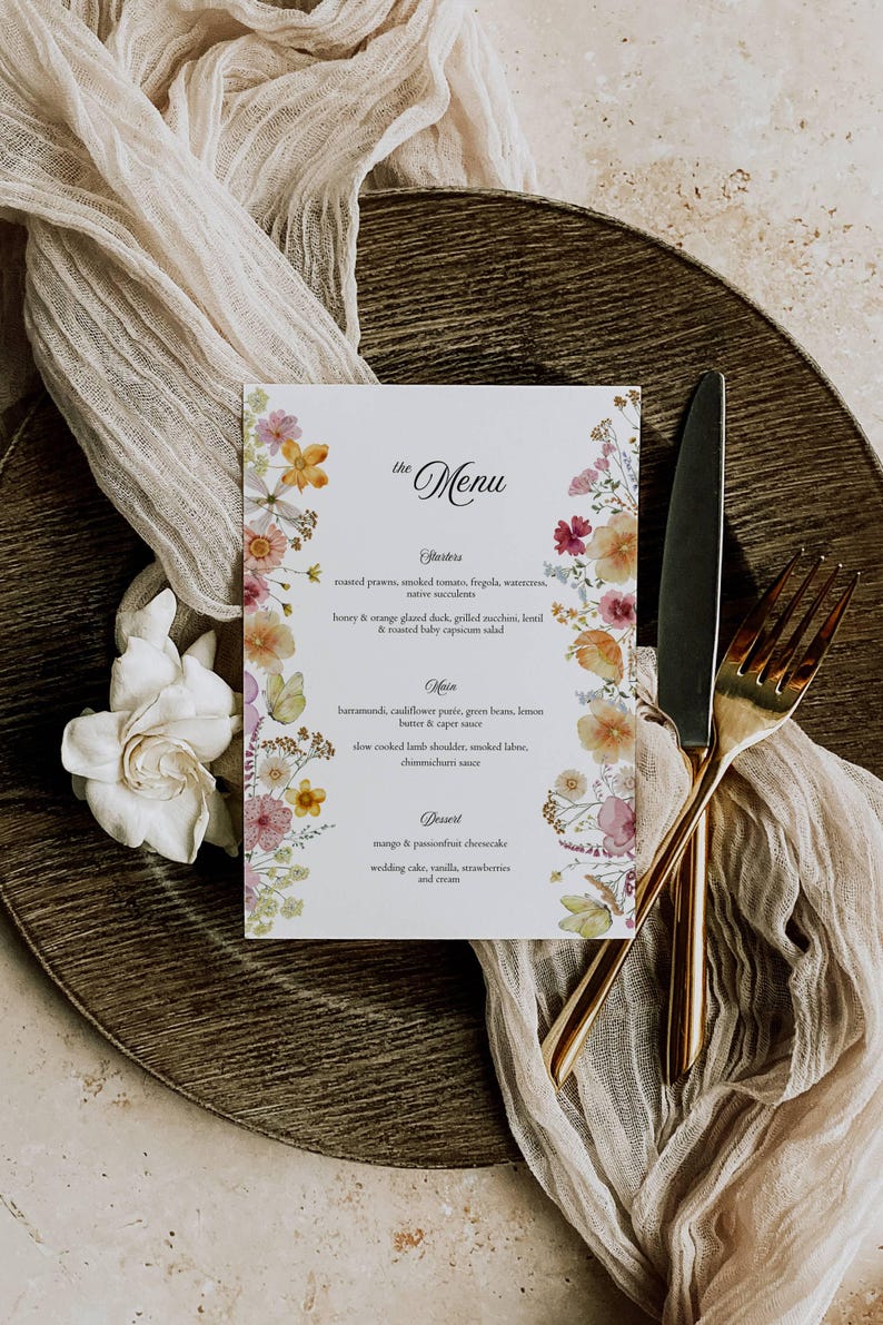 Pressed Flower Wedding Menu, Dried Wildflower Dinner Menu Printable ...