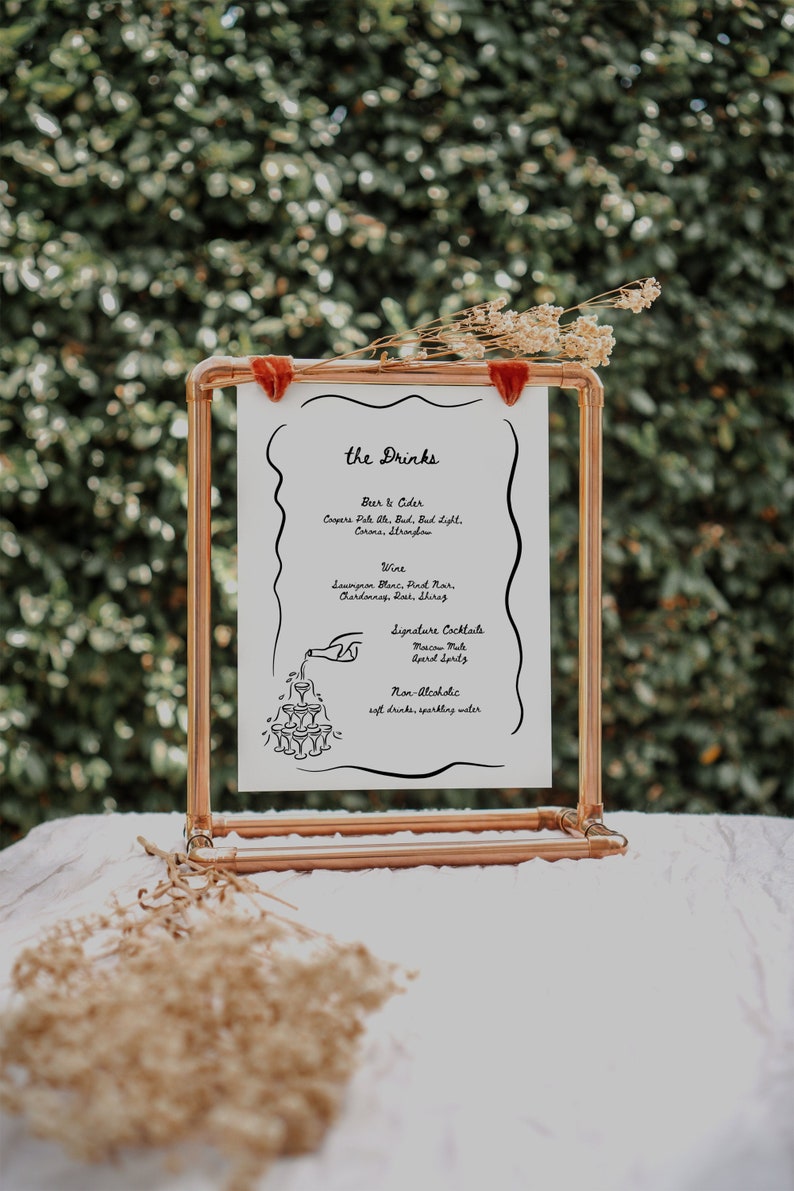 Champagne Tower Wedding Drinks Menu Printable, Hand Drawn Bar Menu Sign ...