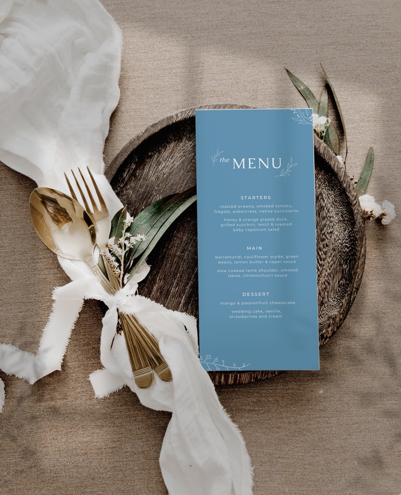 Menu for Wedding Light Blue, Dusty Blue Wedding Dinner Menu Editable ...