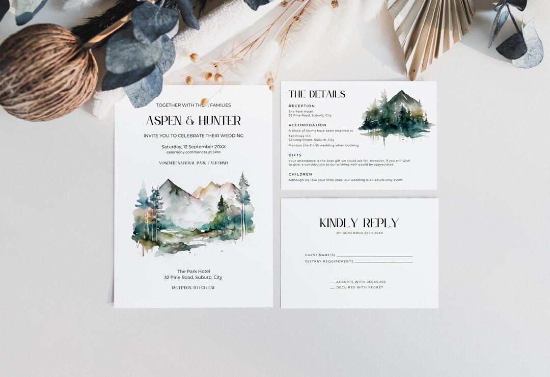 Mountain Wedding Invitation Suite Canva, Rustic Nature Invite Set ...