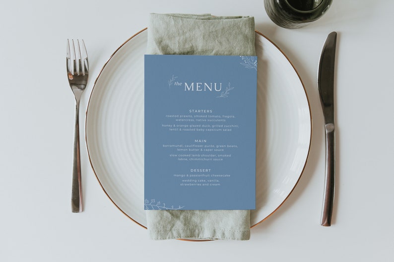 Menu for Wedding Light Blue, Dusty Blue Wedding Dinner Menu Editable ...