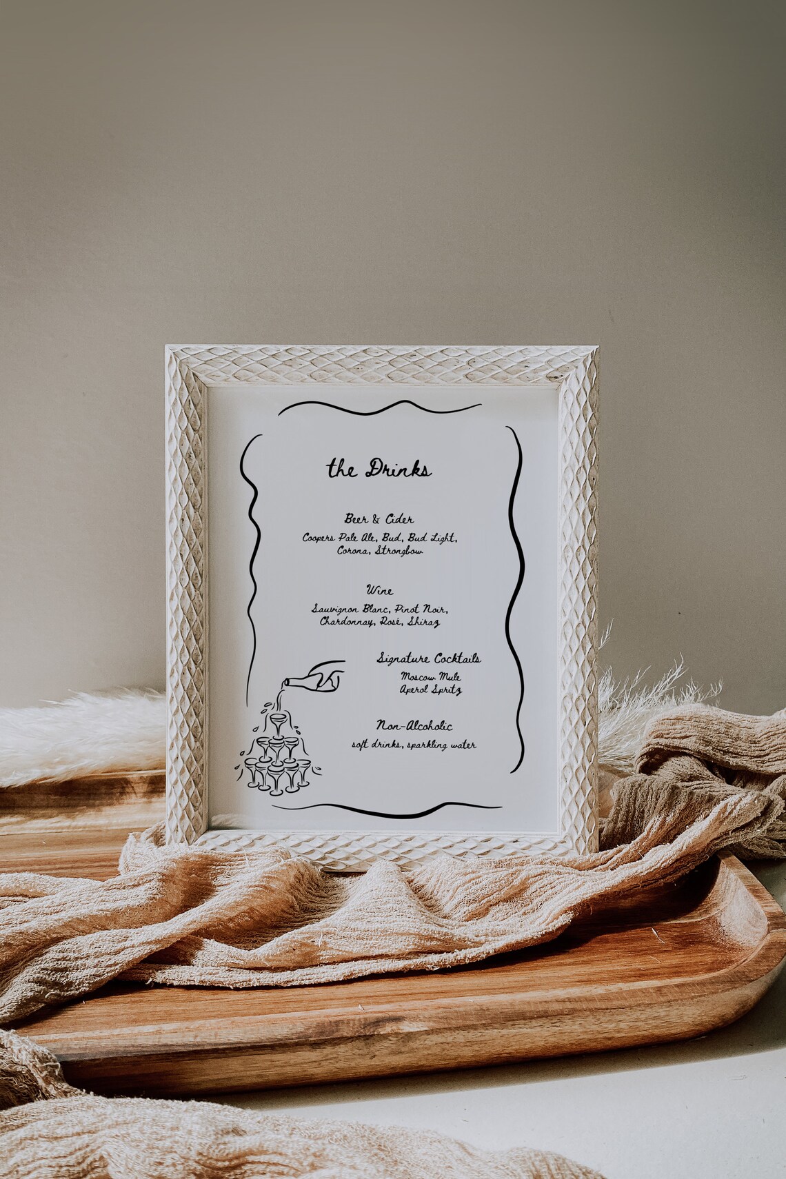 Champagne Tower Wedding Drinks Menu Printable, Hand Drawn Bar Menu Sign ...