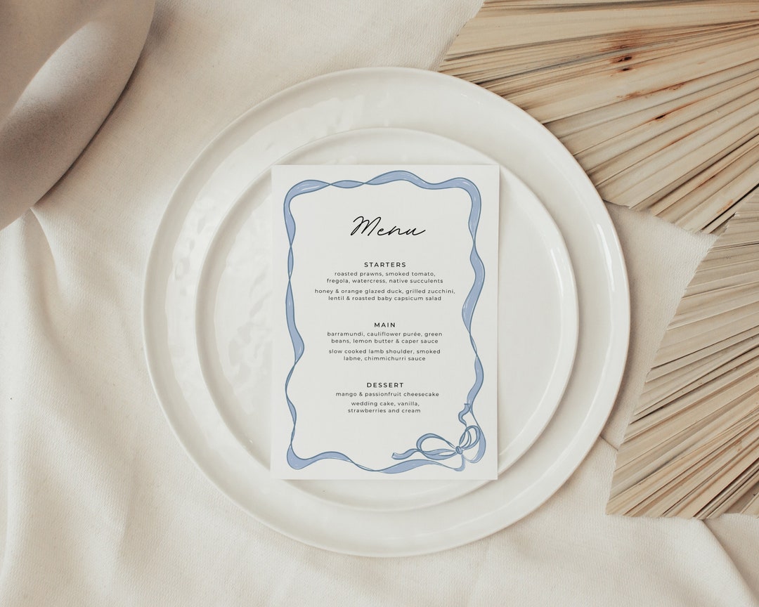 Light Blue Bow Wedding Menu Template, Hand Drawn Bow Wedding Dinner ...