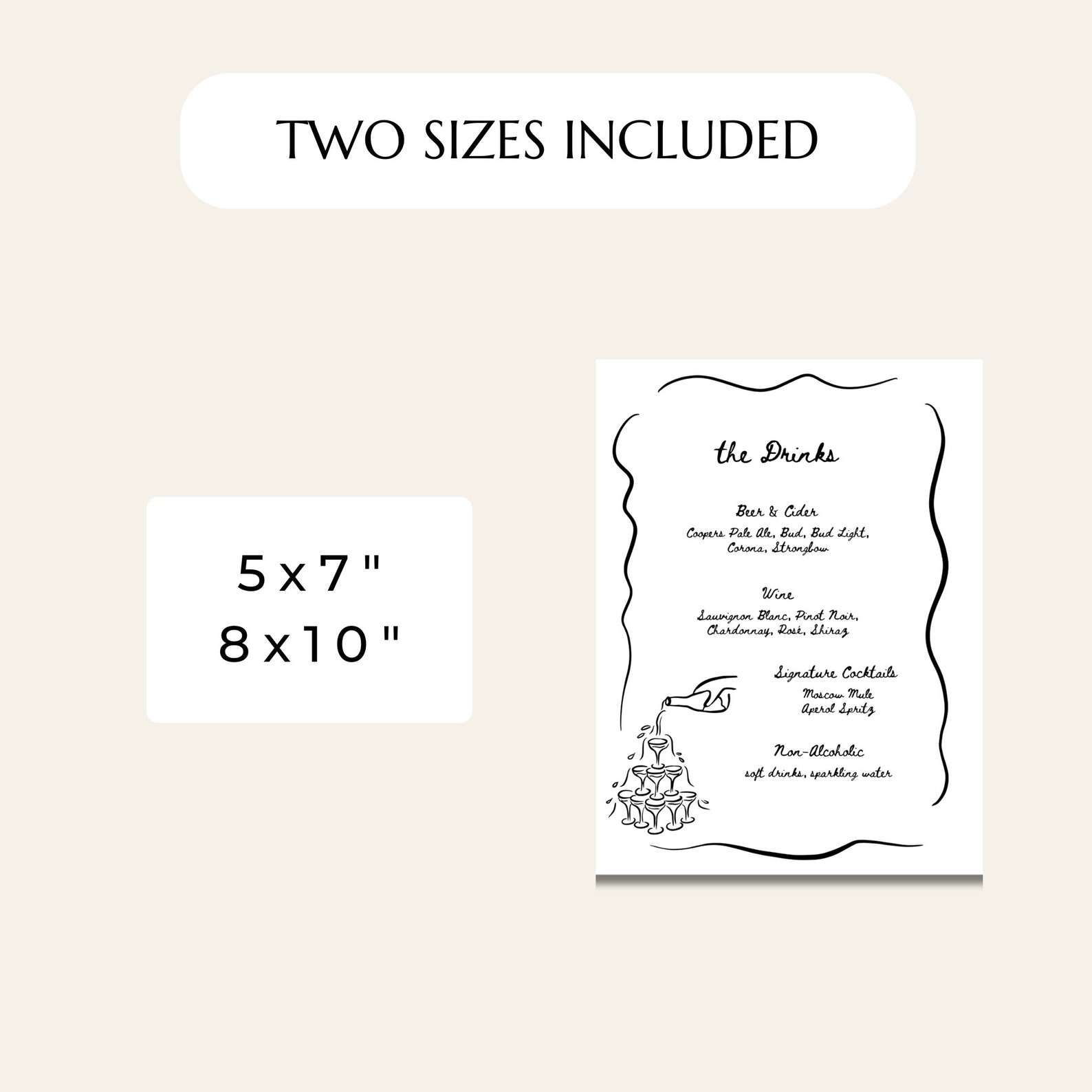 Champagne Tower Wedding Drinks Menu Printable, Hand Drawn Bar Menu Sign ...