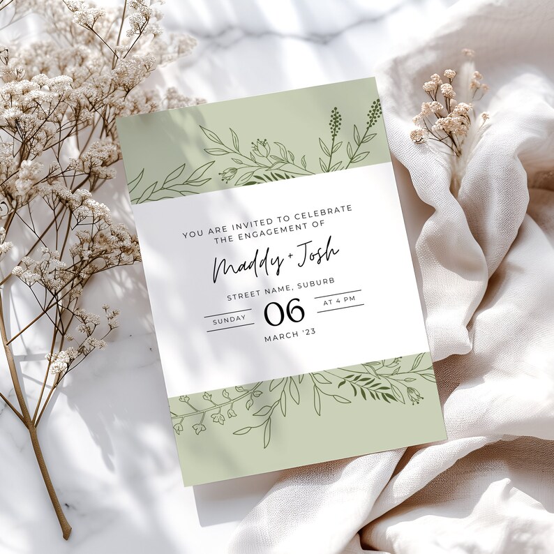 Sage Green Floral Engagement Party Invitation, Greenery Wedding Invite ...