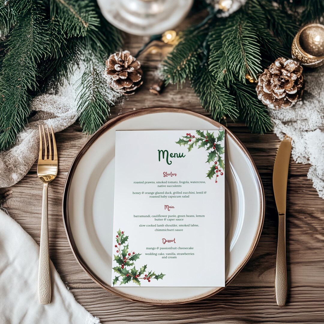 Christmas Wedding Menu Template, Christmas Holly Dinner Party Menu ...