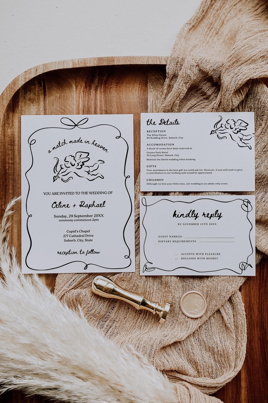 Wedding Invite Cherubs, Hand Drawn Cupid Wedding Invitation Suite ...