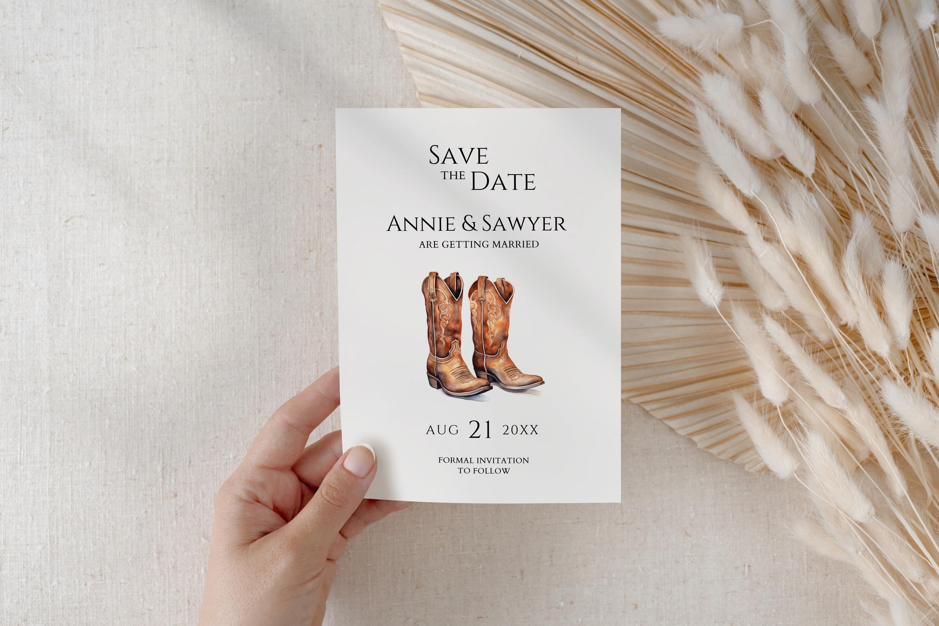 Cowboy Boot Save the Date, Country Western Desert Wedding Invite Card ...