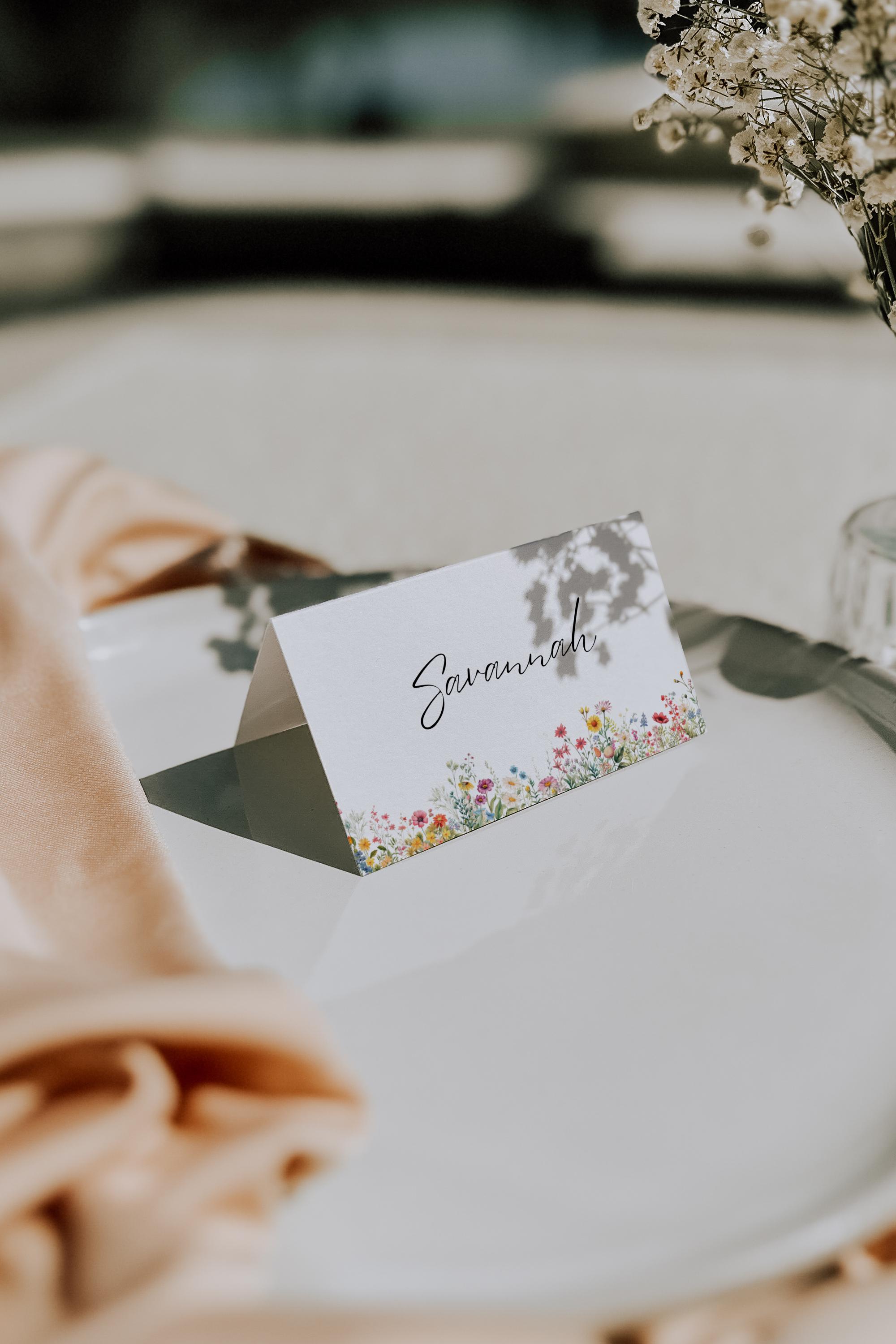 Wildflower Name Card Template, Boho Floral Place Card Printable, Bright ...