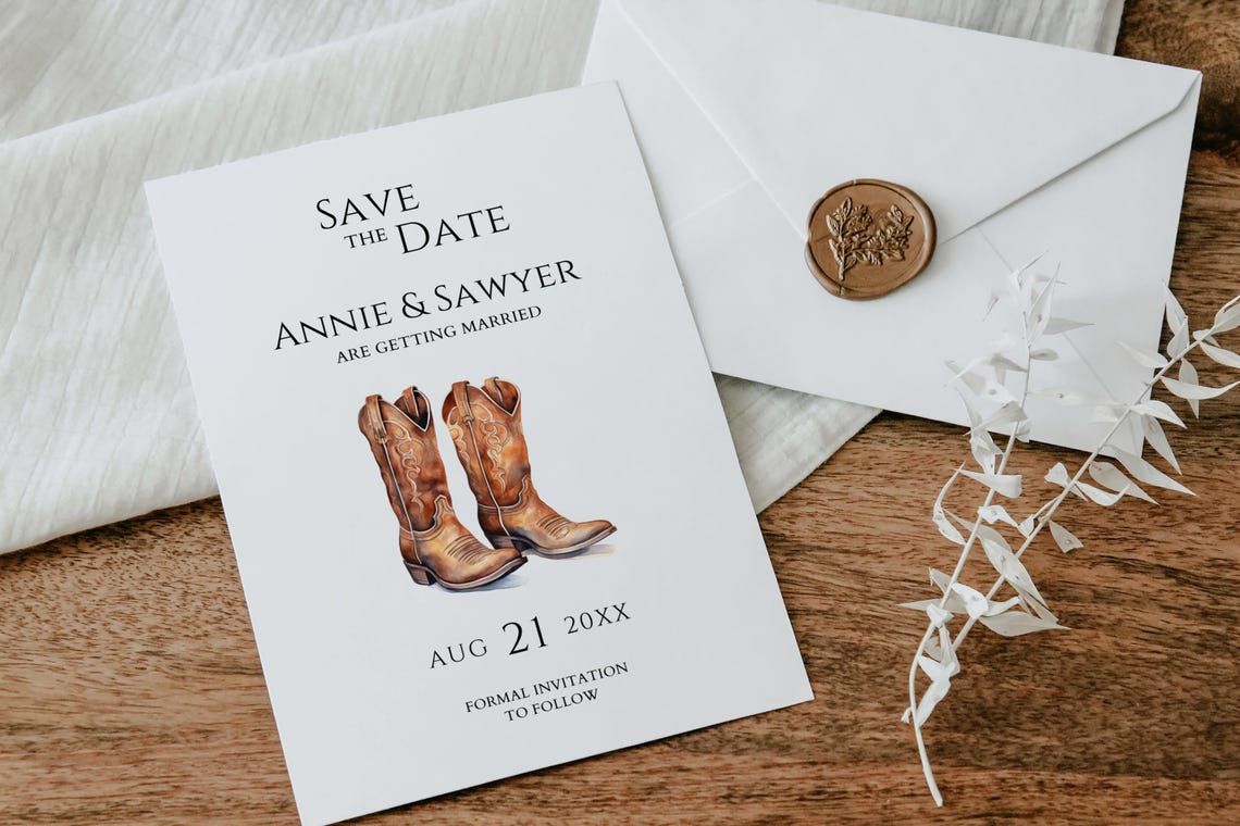 Cowboy Boot Save the Date, Country Western Desert Wedding Invite Card ...