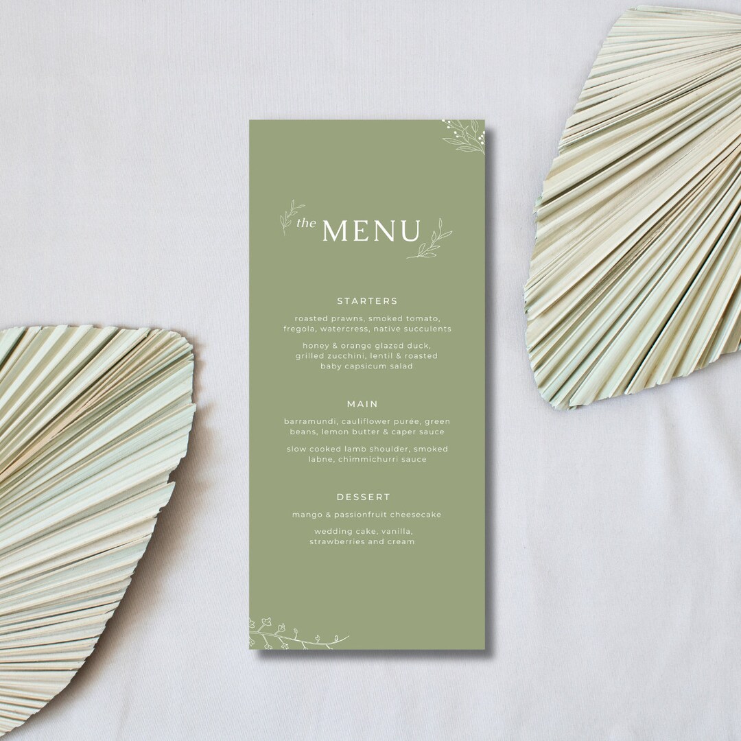 Sage Green Floral Wedding Menu Template, Greenery Wedding Dinner Menu ...