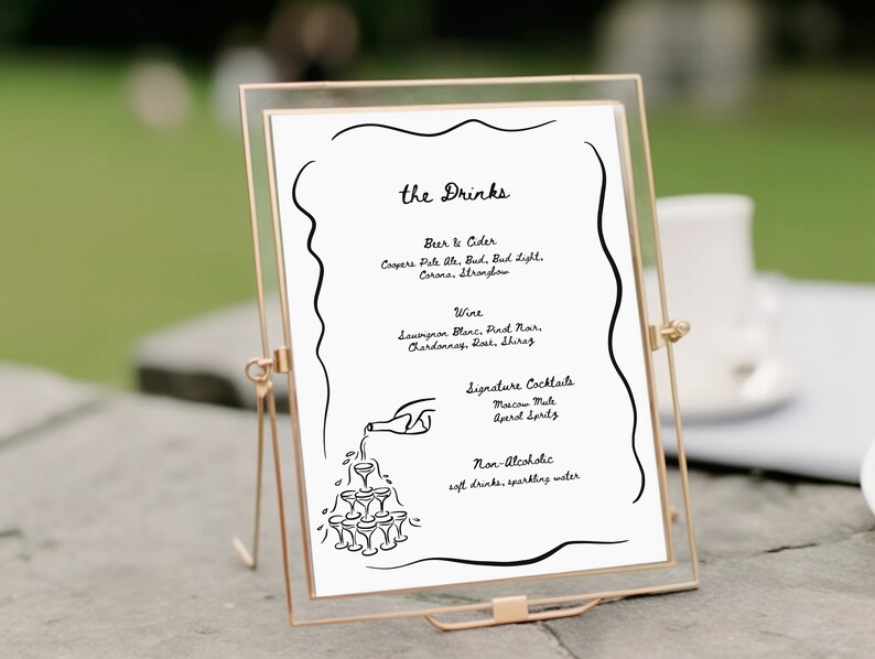 Champagne Tower Wedding Drinks Menu Printable, Hand Drawn Bar Menu Sign ...
