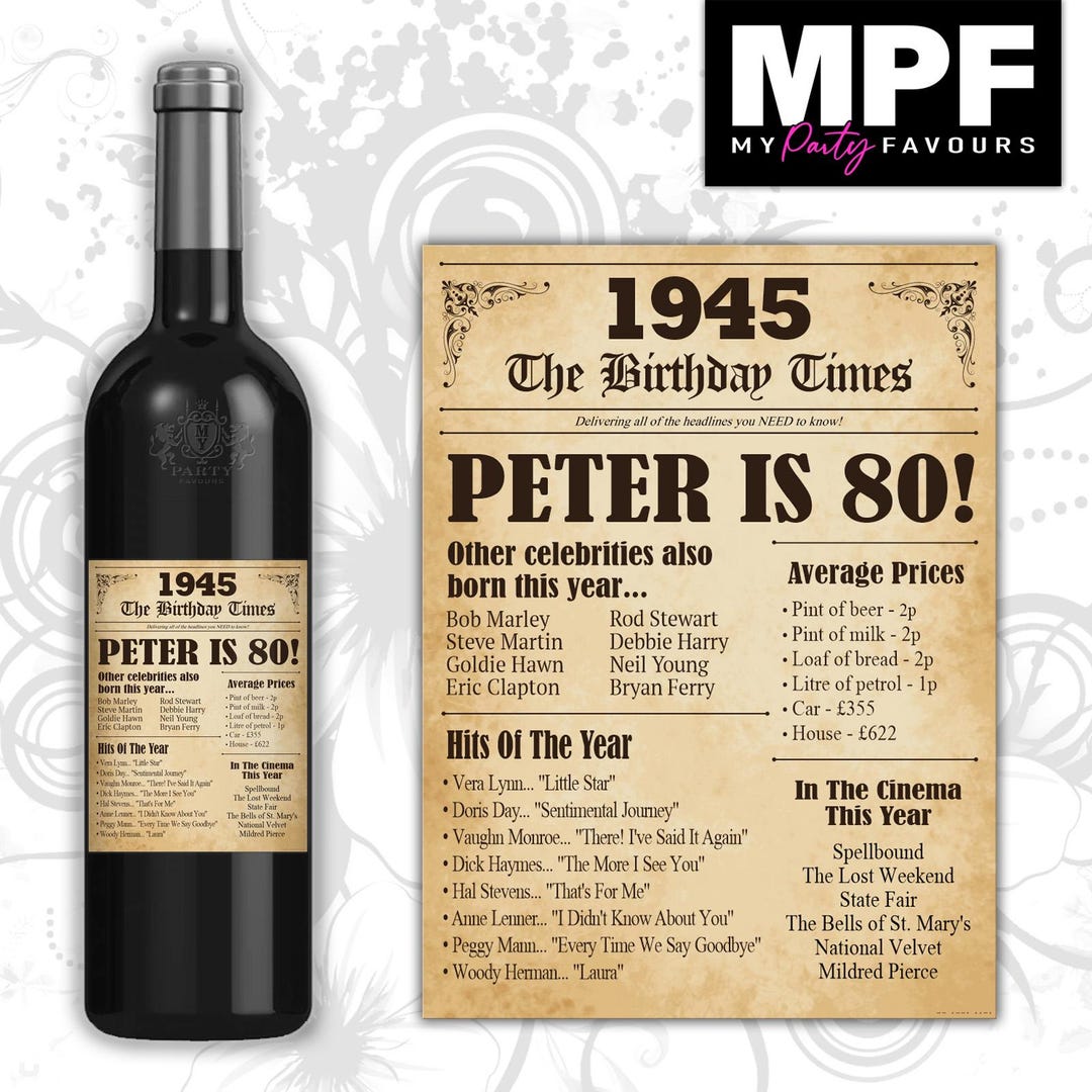 Personalised 1945 80th Birthday Wine/gin/vodka Bottle Label - Newspaper ...