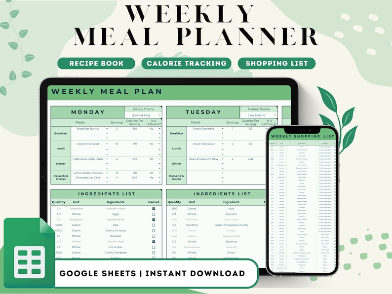 Weekly Meal Planner, Shopping List & Calorie Tracker Google Sheets ...