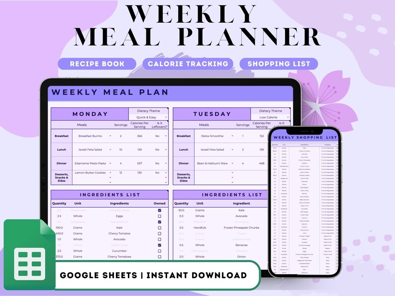 Weekly Meal Planner, Shopping List & Calorie Tracker Google Sheets ...