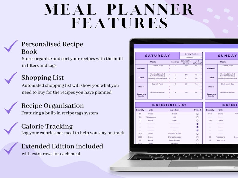Weekly Meal Planner, Shopping List & Calorie Tracker | Google Sheets ...