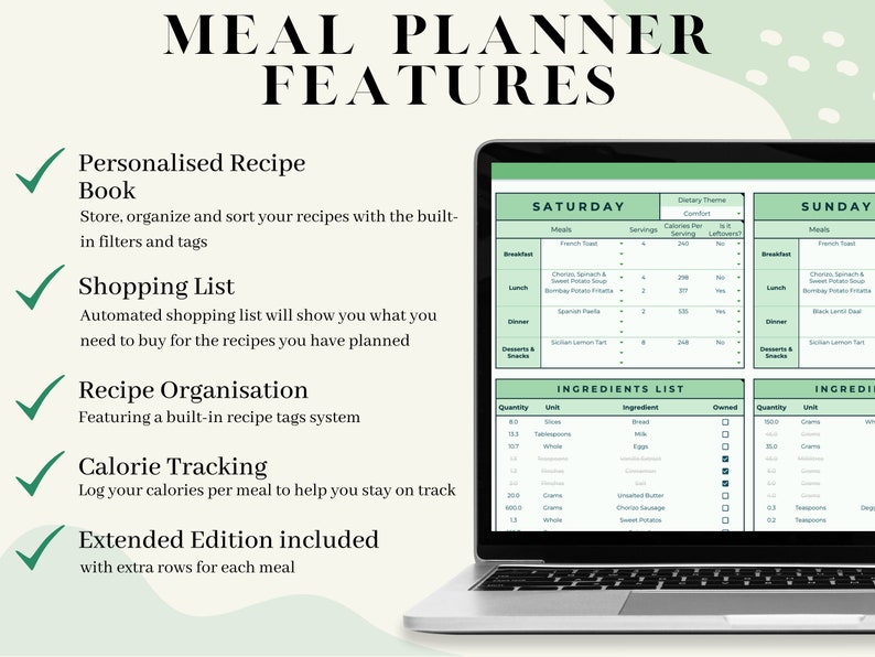 Weekly Meal Planner, Shopping List & Calorie Tracker Google Sheets ...