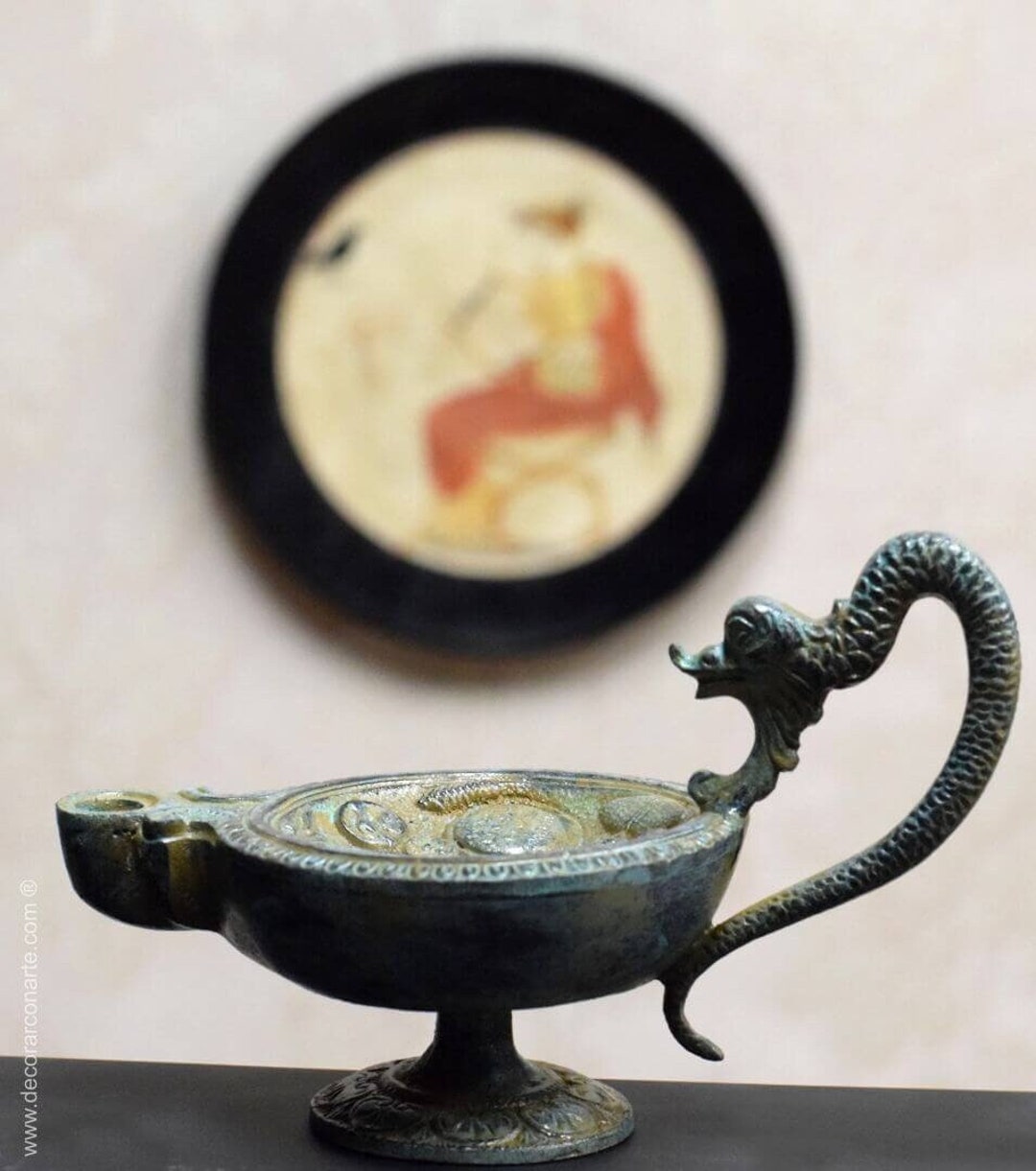 Oil Lamp With Sea Serpent Handle. 9 X 16 Cm (3.5 X 6.3 In). Cast Bronze ...