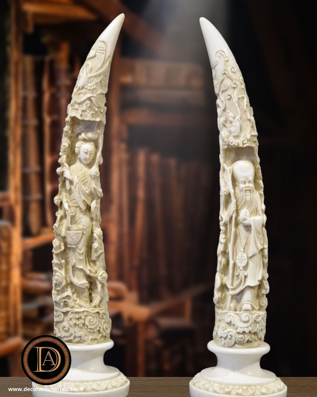 Reproduction of a Pair of Tusks, Chinese Carving. 20.47in. Molded ...