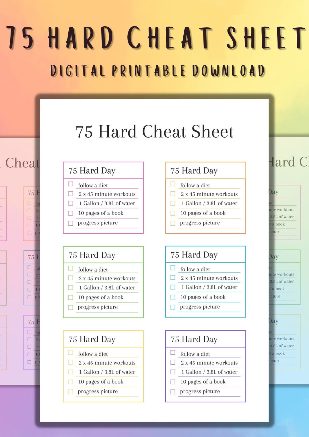 75 Hard Cheat Sheet Rainbow Printable 75 Hard Tracker - Etsy Portugal