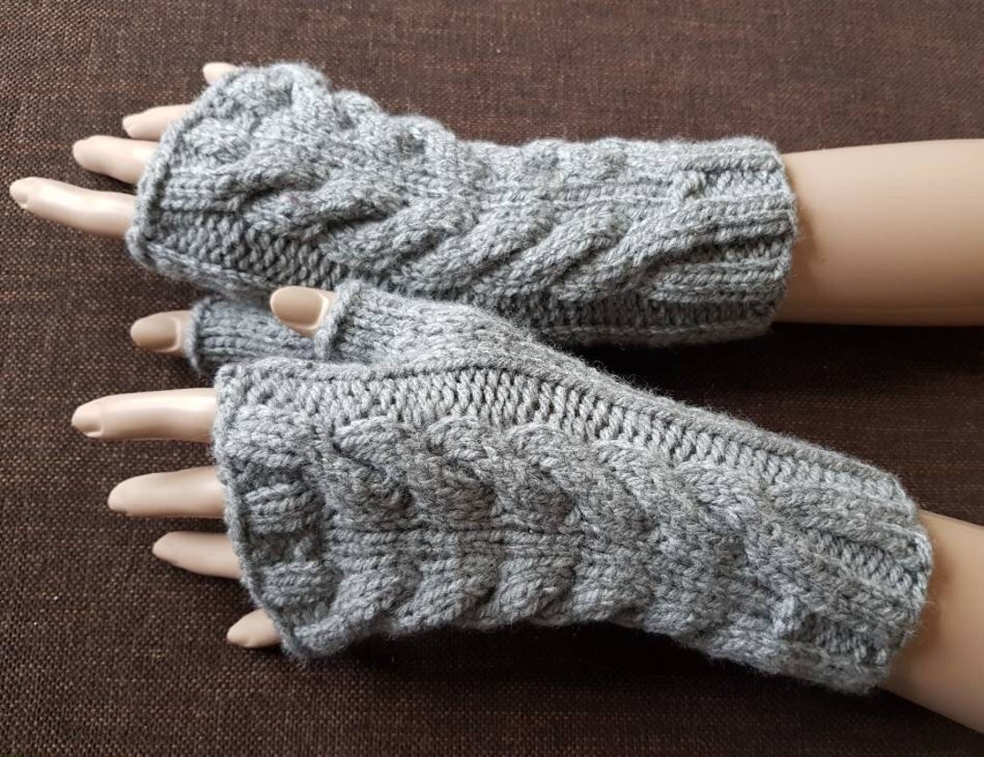 Gray Cuffs With Thumb Cable Pattern Hand Cuffs Knitted Cuffs Wool Cuffs ...