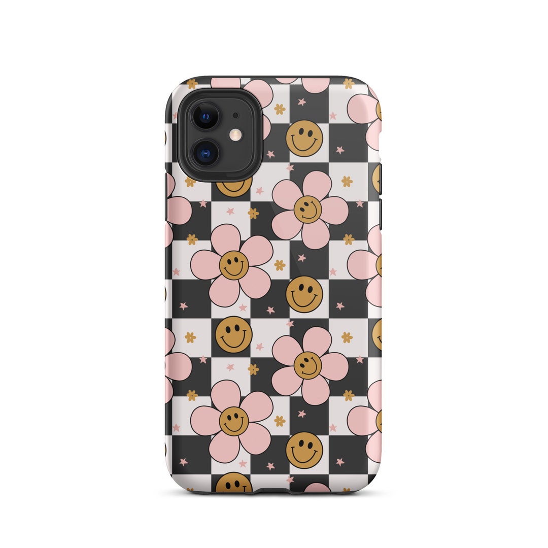 Y2K Retro Checkered Smiley Face Flower Tough Phone Case for iPhone ...