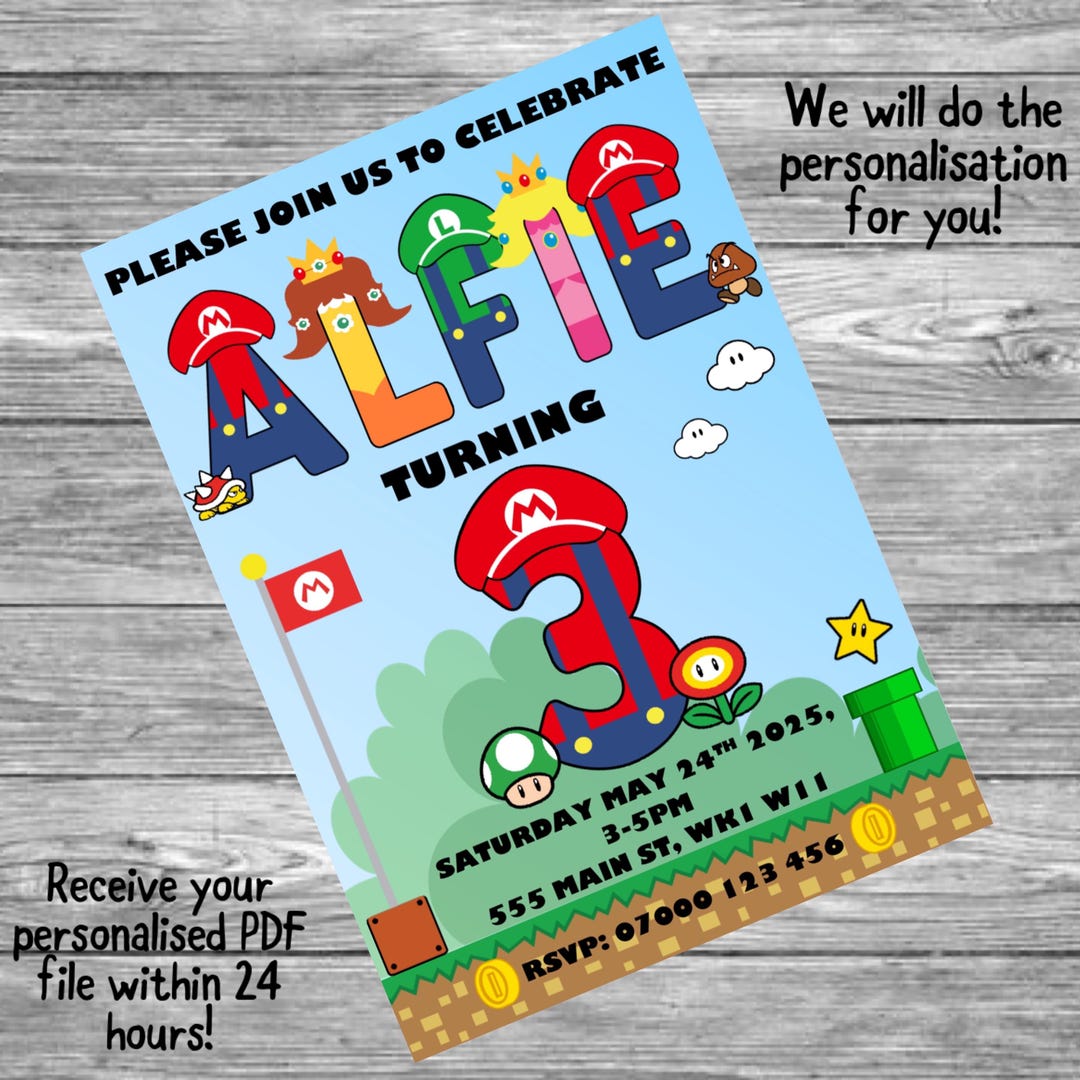 Super Mario Party Invitation, Super Mario Birthday Invite, Super Mario ...