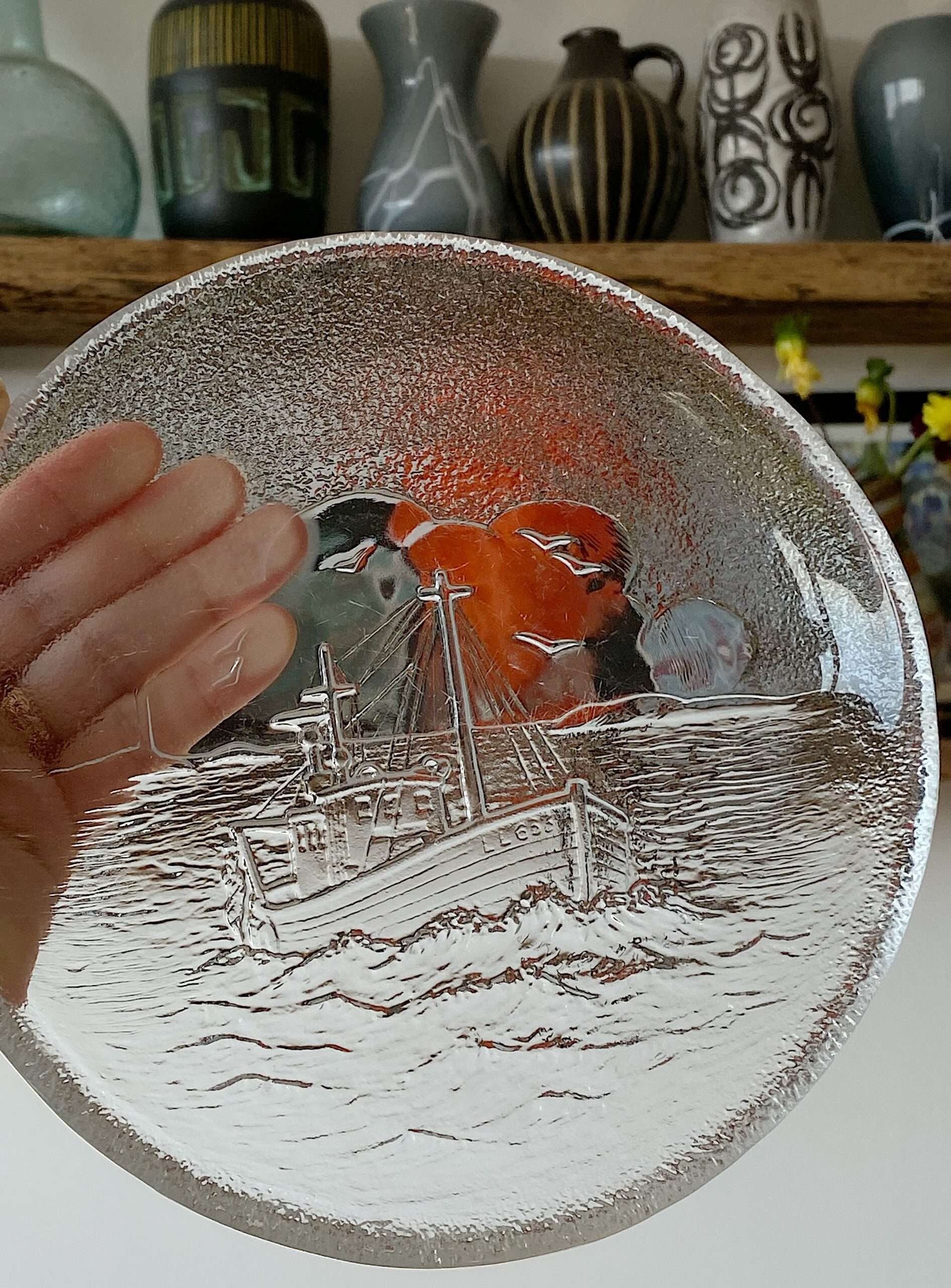 NYBRO Vintage Mid Century Art Glass Plate With Fishing Boat View / 19 ...